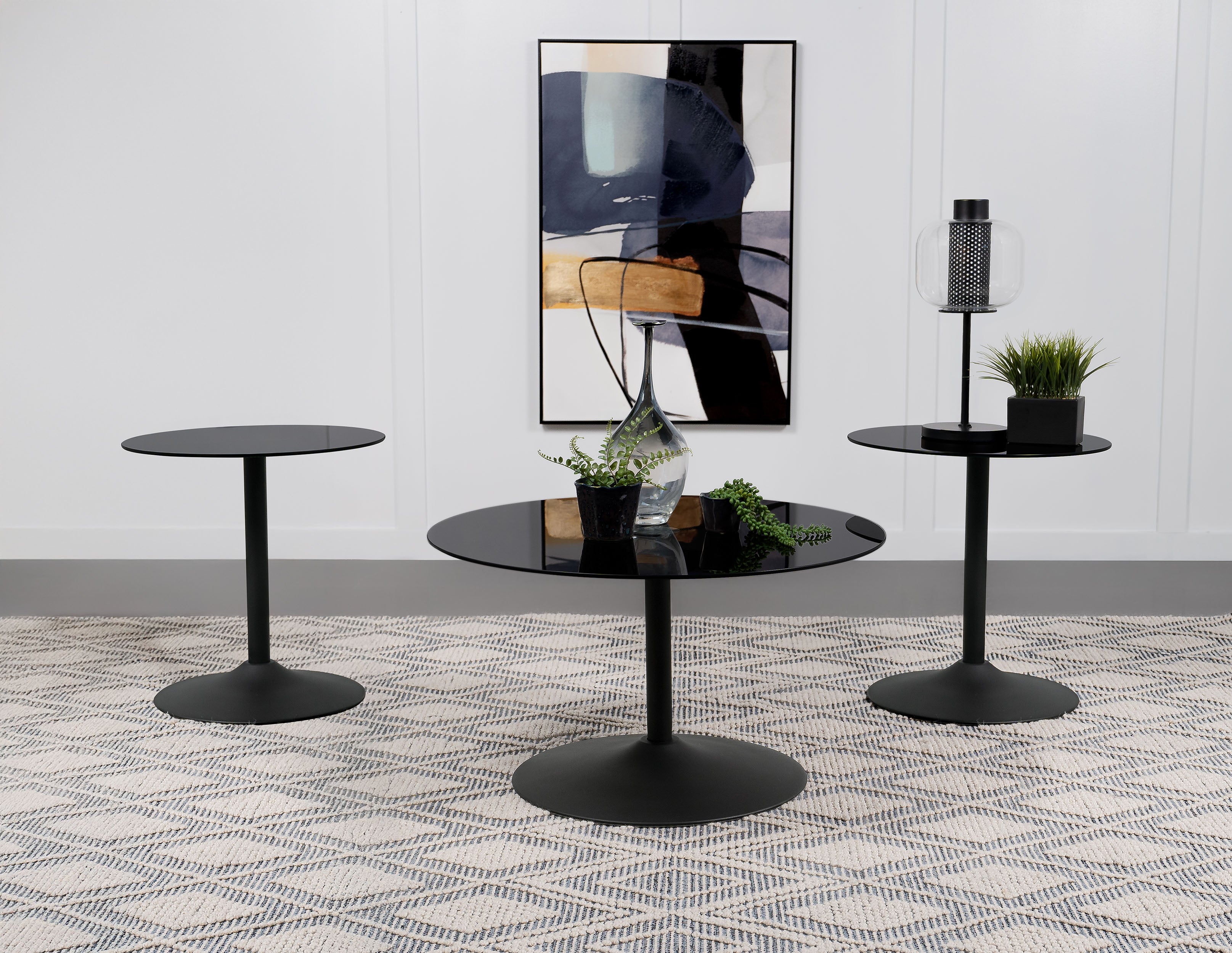 Ganso 3-piece Round Glass Top Coffee and End Table Set Black – New Age ...
